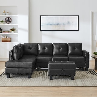 Black PU Leather Modular Sectional Sofa with Cup Holder and Ottoman ...