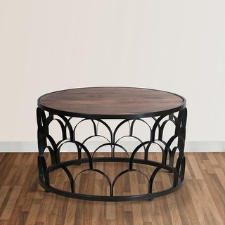 32 Inch Round Coffee Table, Mango Wood Top, Lattice Cut Out Metal Frame ...