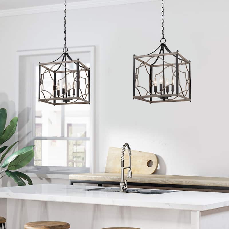 Modern Farmhouse Wood Square Cage Chandelier for Kitchen Island - L14.5 ...