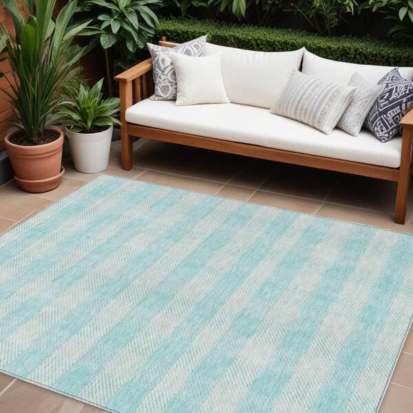 9' X 12' Aqua And Ivory Plaid Washable Indoor Outdoor Area Rug - 9' x ...