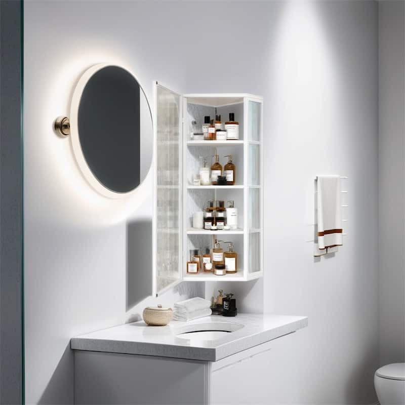 Glass Door Wall Mounted Corner Cabinet w/Featuring Four-tier Storage ...