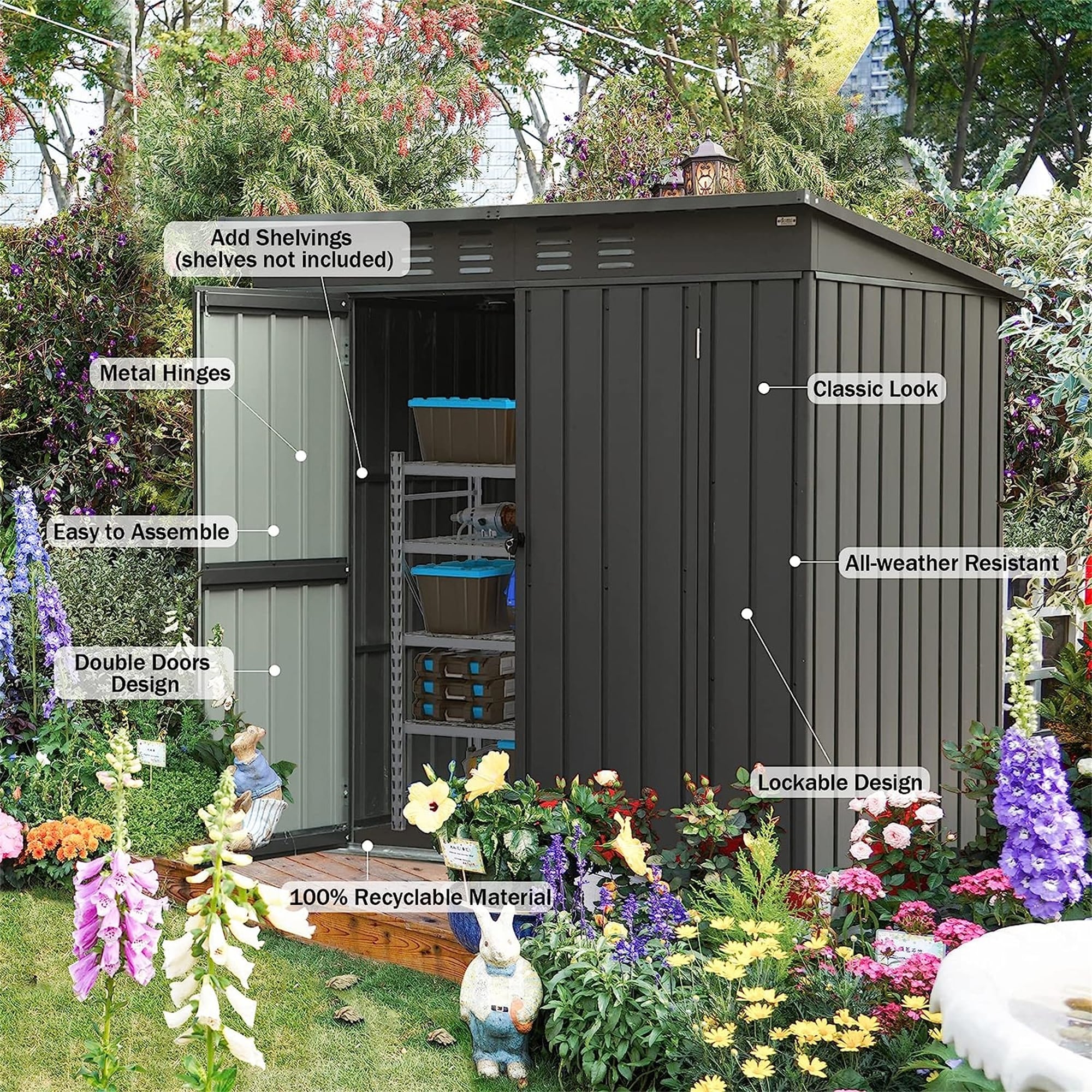 Garden Galvanized Steel Outdoor Storage Tool Shed with Lockable Sliding ...