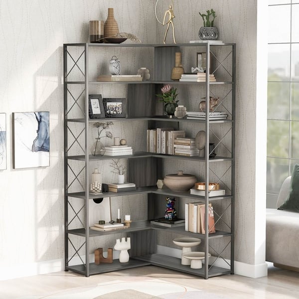 7-Tier Bookcase Home Office Bookshelf, L-Shaped Corner Bookcase with ...