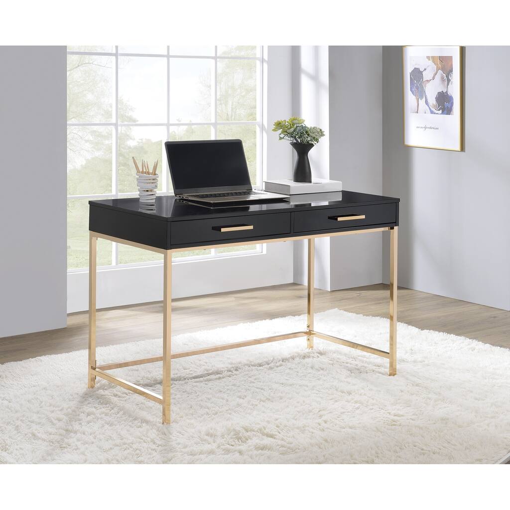 Alios Desk with Black Gloss and Gold Frame - Overstock - 32785362
