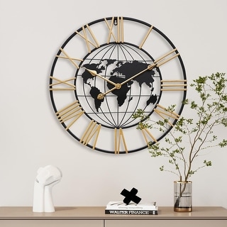 Large World Map Wall Clock,Metal Minimalist Modern Clock, Round Silent ...