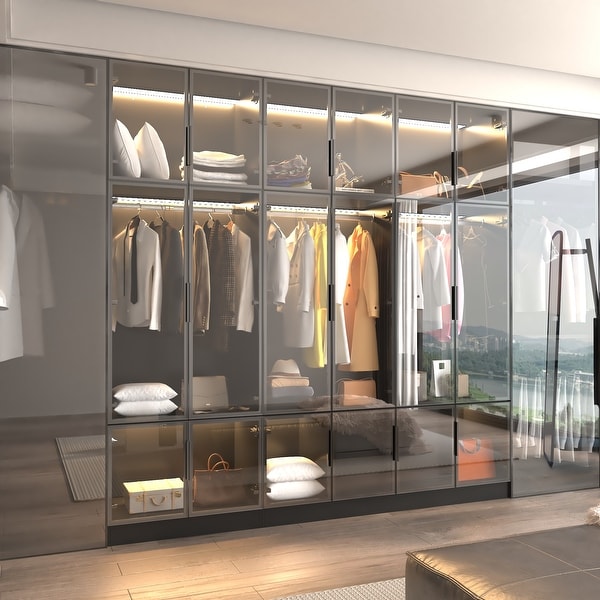 47.2" Wide Armoire LED Light All Glass Door Closet Cabinet Wardrobe ...