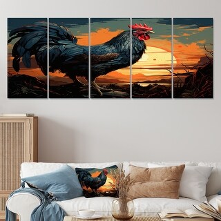 Designart "Sunset Roosters Farmyard II" Red Rooster Set Of 5 - Modern ...