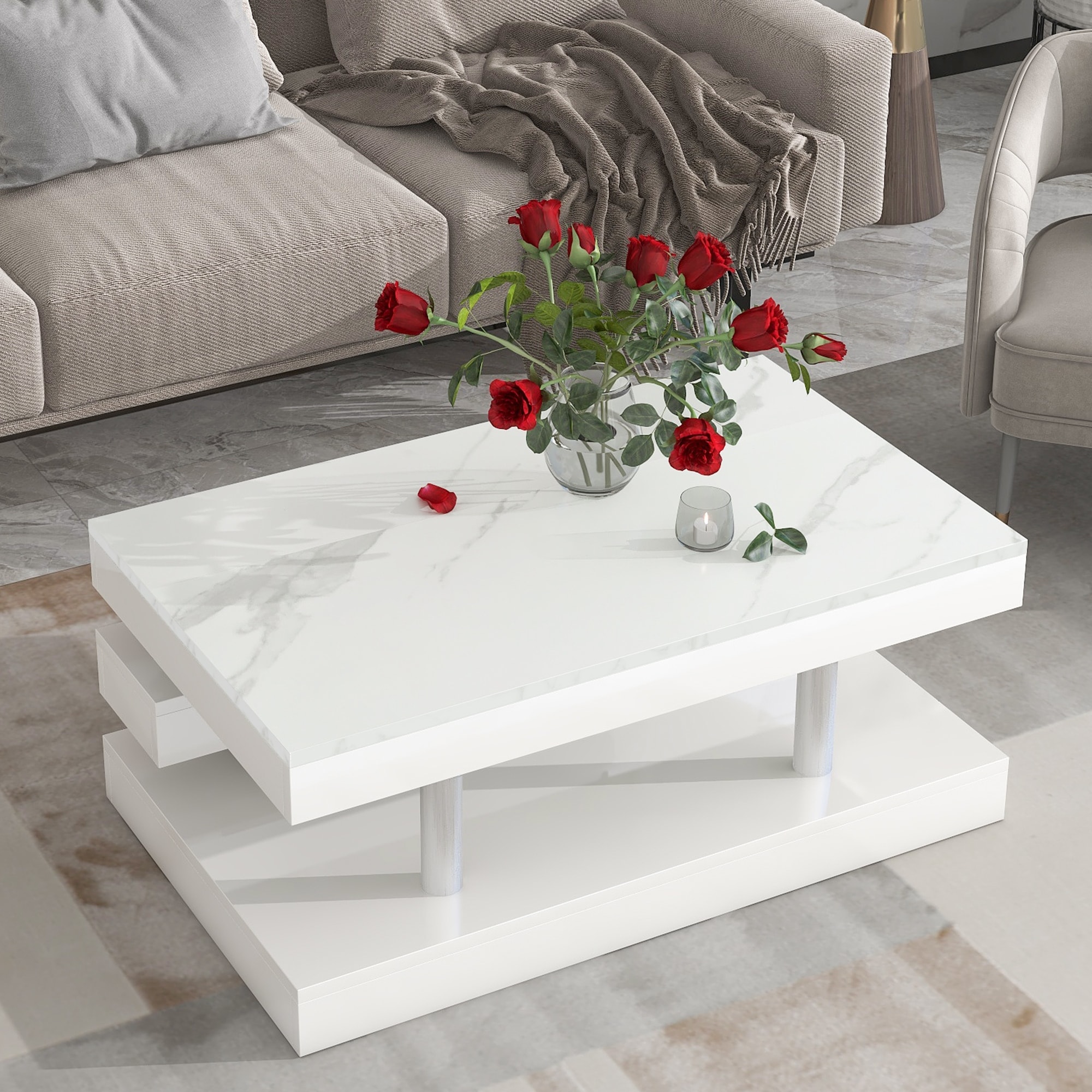 2 Tier Rectangle Coffee Table with Metal Legs and Particle Board and MDF and High gloss UV Surface Living Room Center Table Bed Bath Beyond 37933867