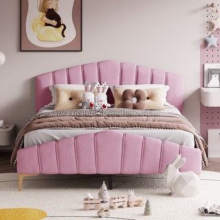Pink Upholstered Platform Bed Queen Bed Frame for Master Bedroom - Bed ...