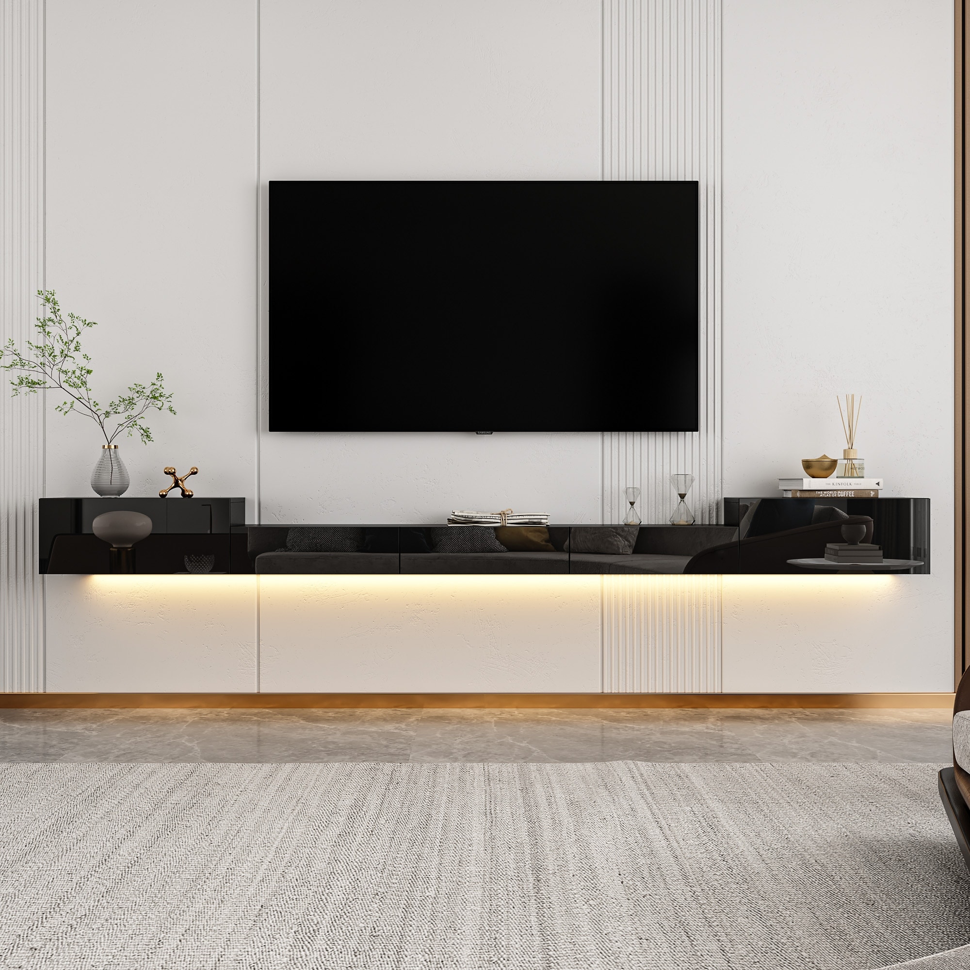 Floating TV Unit Wall Mounted TV Cabinet Modern High Gloss With Light 110.2
