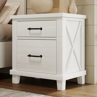 Rustic Farmhouse Style Solid Pine Wood Whitewash Two-Drawer Nightstand ...