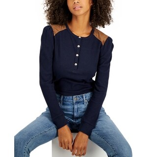 Tommy Hilfiger Women's Faux Suede Trim Henley Top Blue - Bed Bath ...