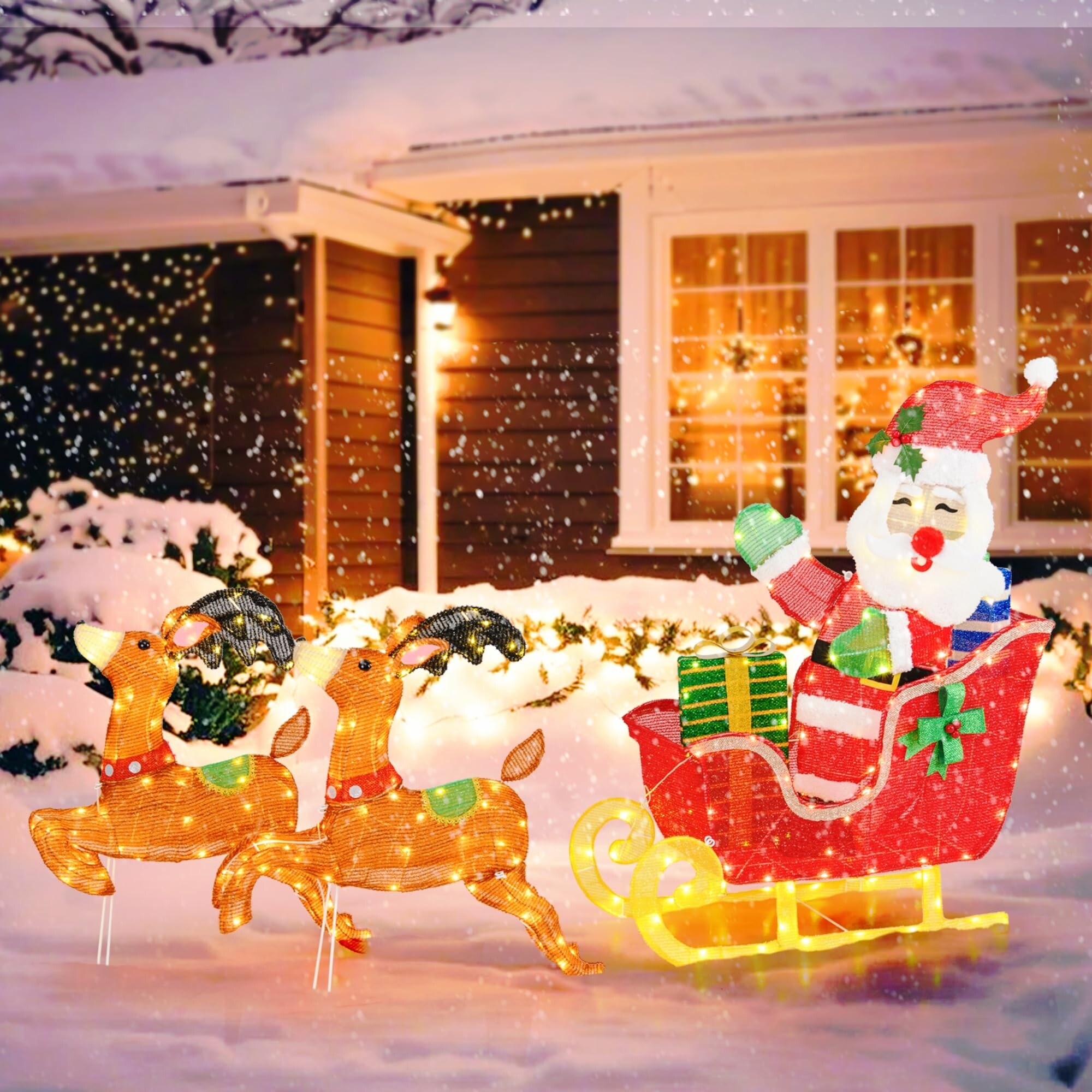 Lighted Holiday Silhouette Lighted Santa In Sleigh With Reindeer ...