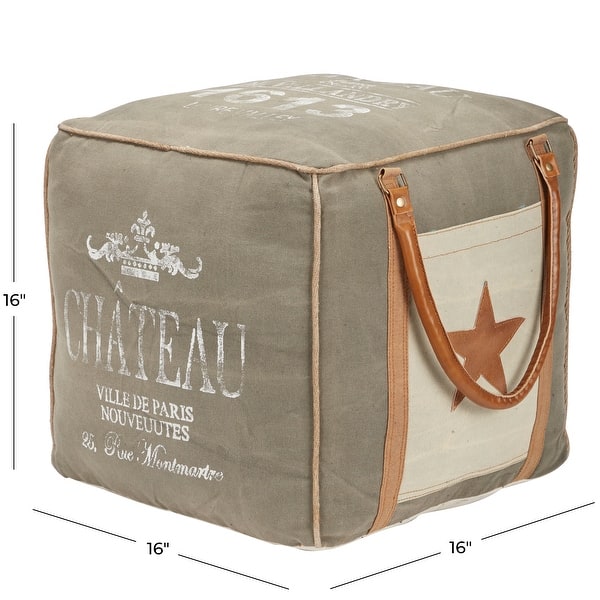 Gray Canvas Pouf with Leather Handles - Bed Bath & Beyond - 32134046