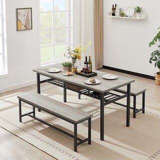 Rectangular 3-Piece Fixed Dining Table Set with 2 Bench Seating, Brown ...