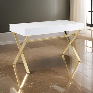 Gracie 47 Inch Desk, White Rectangular Top, 2 Drawers, Gold Metal Legs ...