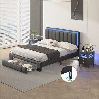 3-Pieces Bedroom Sets Bed Frame with 2 Nightstands and LED Lights-Black ...