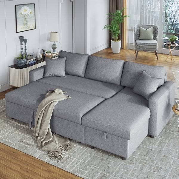 L-Shaped Sectional Sofa 88" Reversible Pull Out Sleeper Sofa, Corner Sofa-Bed with Storage ...