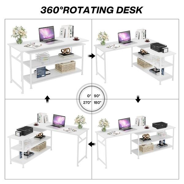 Modern L Shaped Desk, 360° Rotating Desk with Storage Shelves - Bed ...