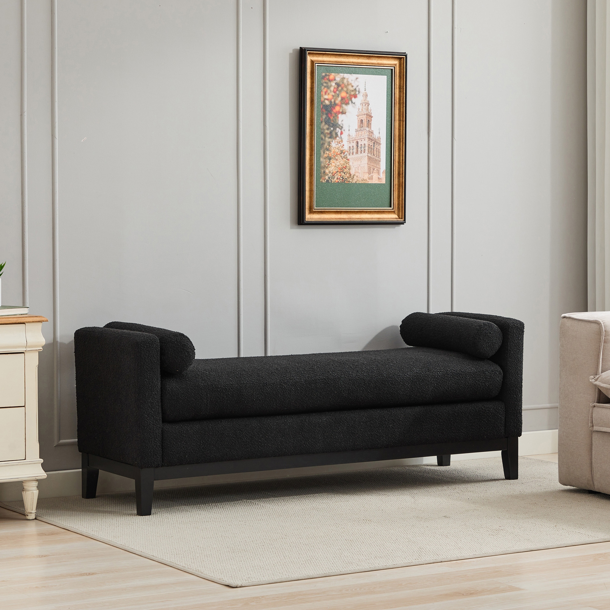 66.34 W Elegant Upholstered Bench Daybed Ottoman with Wood Legs 2 Bolster Pillows Bed Bath Beyond 42311301