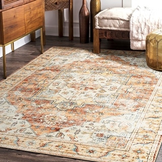 Orange Symmetrical Pattern Vintage Living Room Pearl Pile Area Rug ...