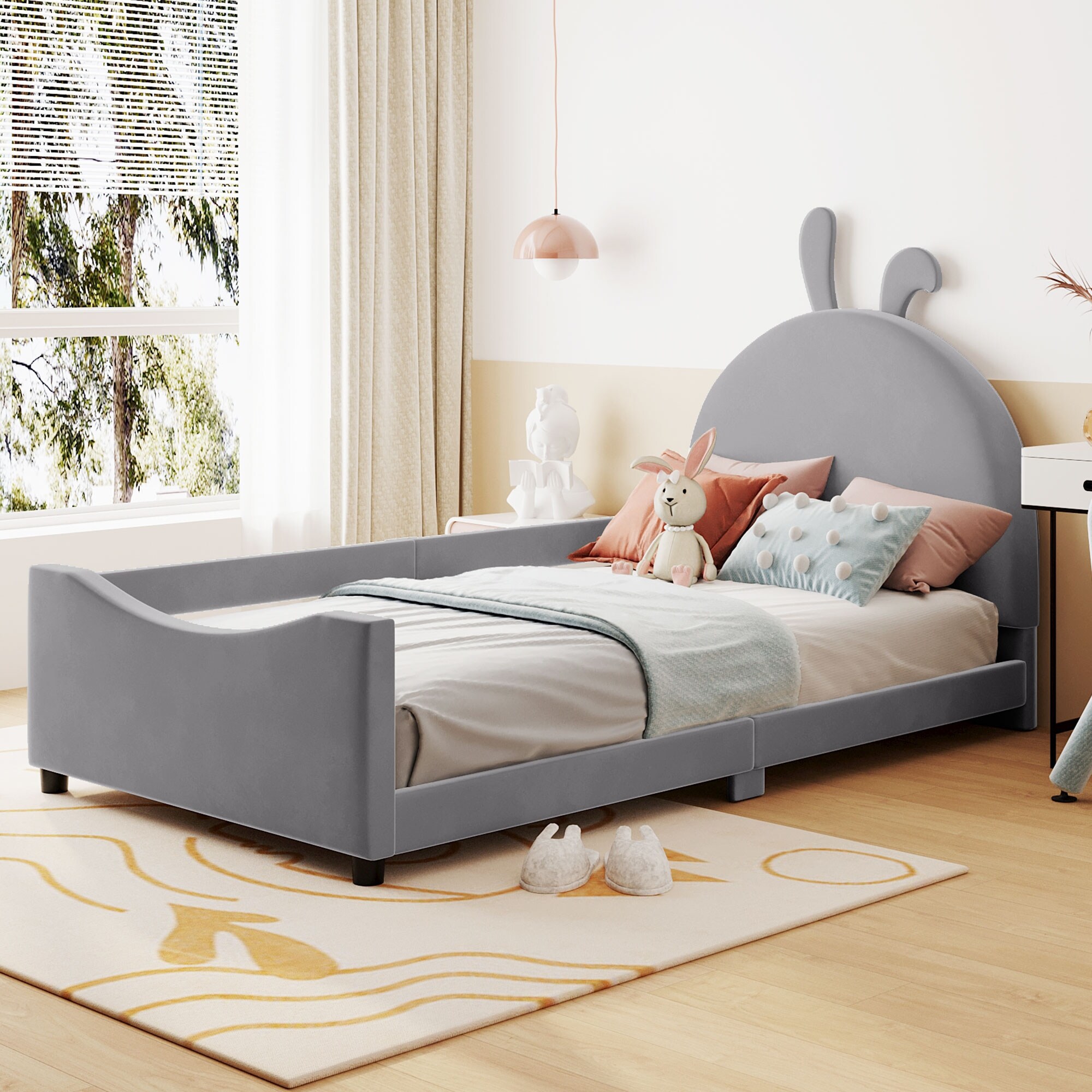 Gray Twin Velvet Low Platform Bed with Bunny Ears Headboard Safety Guardrail Bed Bath Beyond 41123552