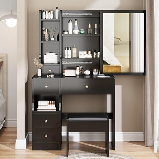 Simple-Style Dressing Table with Sliding Mirror, Spacious Storage, and ...