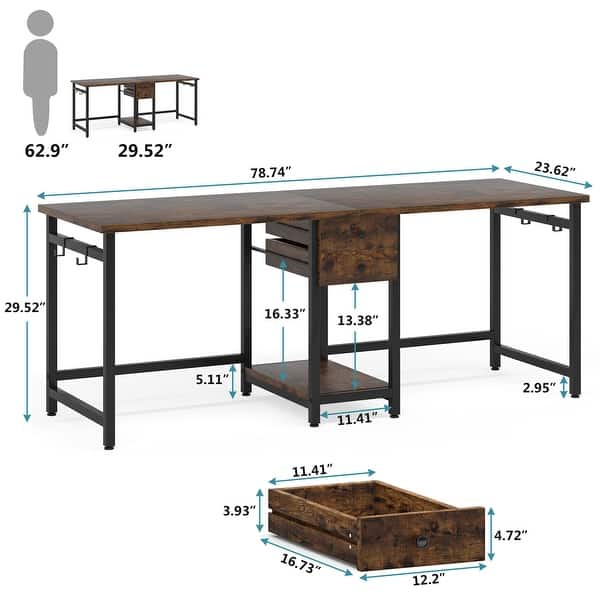 Large Double Desks with 2 Drawers & Storage Shelves, 78’’ Long Computer ...