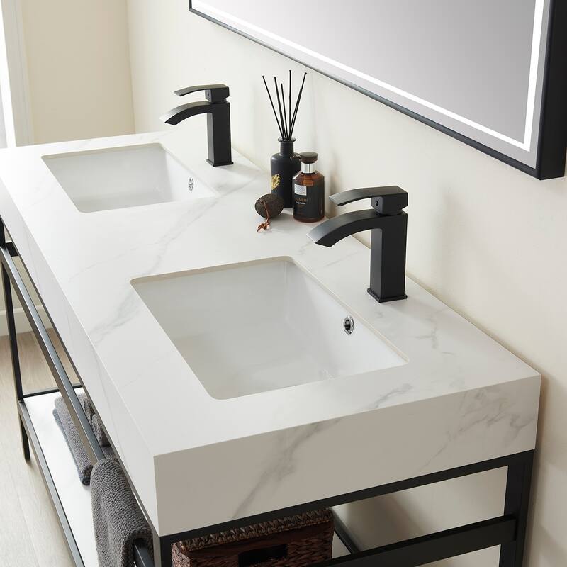 Funes 60" Double Vanity, Metal Support with Stone Top and Mirror - 60 ...