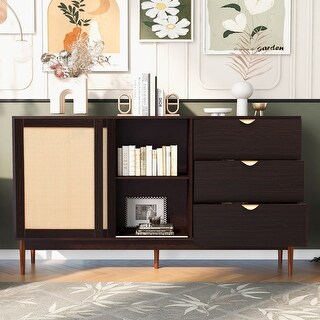 Retro Modern Two-Door Cabinet with Drawers & Rattan Accents for ...