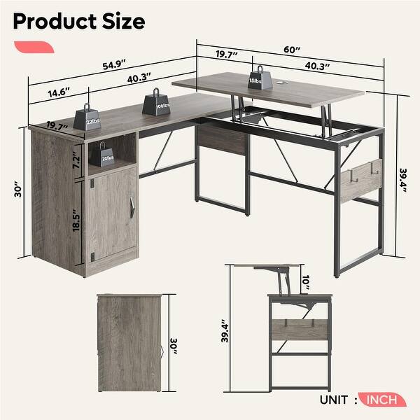 Versatile 60" L Shaped Standing Desk with Lift Top & Storage Cabinet ...