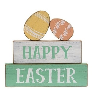 Set of 4 Happy Easter Wooden Block Set with Pastel Easter Eggs - 7"L x ...