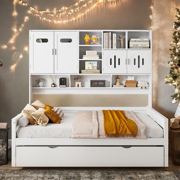 Modern Full Size Wooden Daybed with Twin Size Trundle All in One Cabinet and Shelf White