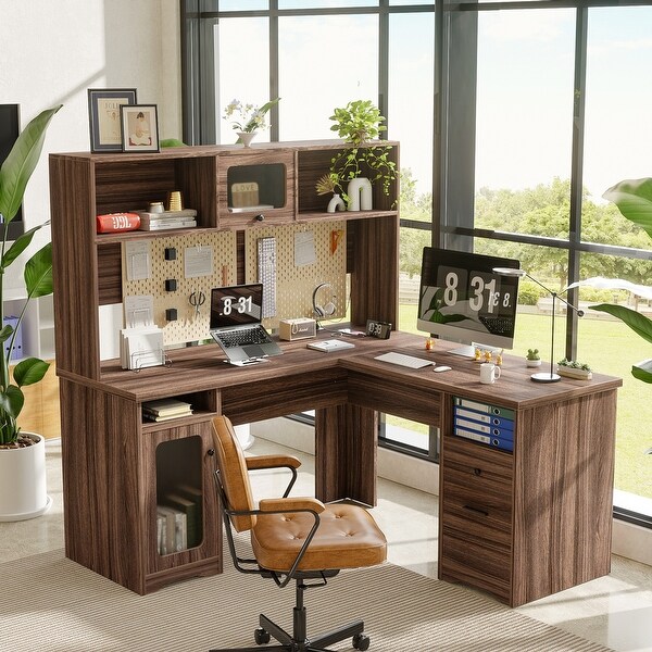 L Shaped Desk with File Cabinet and Hutch Home Office Corner Computer Desk with Drawers and Charge Station