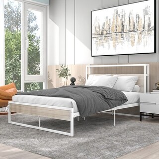 Full Size Platform Bed Frame - Metal, Wood, Sockets, USB Ports, Large ...