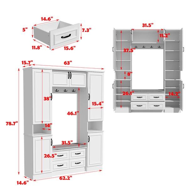 Versatile 6-Door Wardrobe Bench with Hanging Rods and Drawers - Bed ...