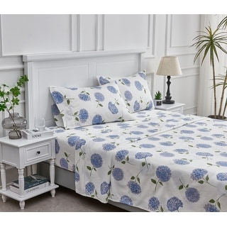Printed Design Cotton Collection 400TC Hemstitch Blue Hydrangea Sheet ...