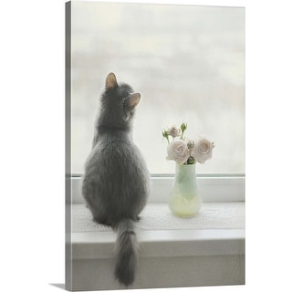 "Furry cat with flower vase at window sill waiting" Canvas Wall Art ...