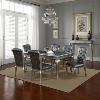 Nery 7pc Dining Table n Chair Set, 66 Inch Glass, Gray Faux Leather ...