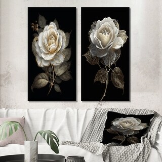 Designart "Retro White Rose Portrait On Black II" Rose Wall Art Set of ...