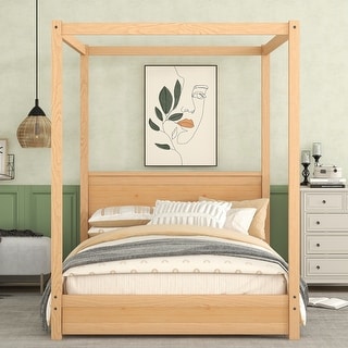 Full Size Panel Headboard Platform Bed Straight Lines Wood Canopy Bed ...