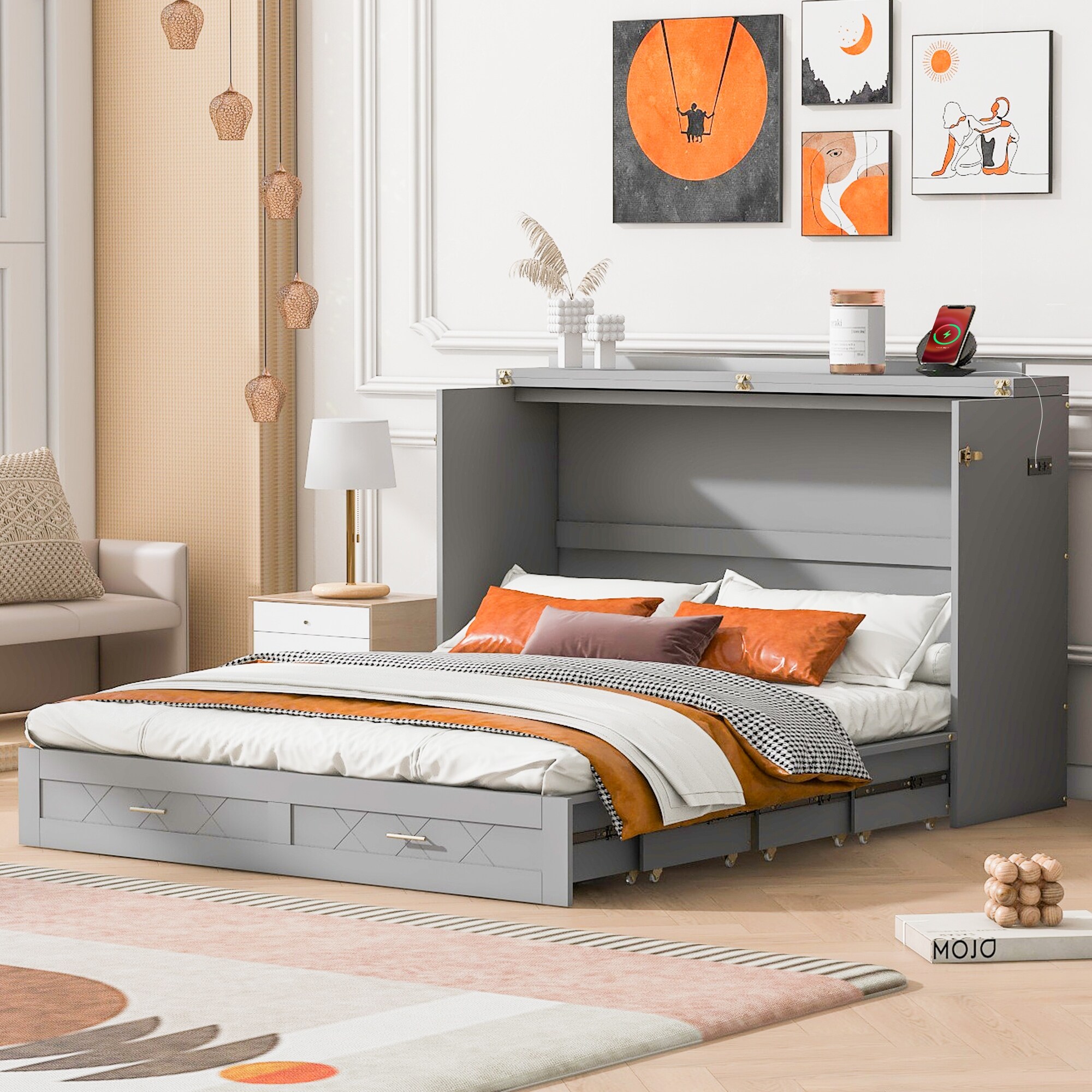 Bedroom Gray Murphy Bed Queen Size Folding Wall Bed with Sockets and Pulley Multifunctional Wooden Platform Bed with USB Ports On Sale Bed Bath Beyond 41767839