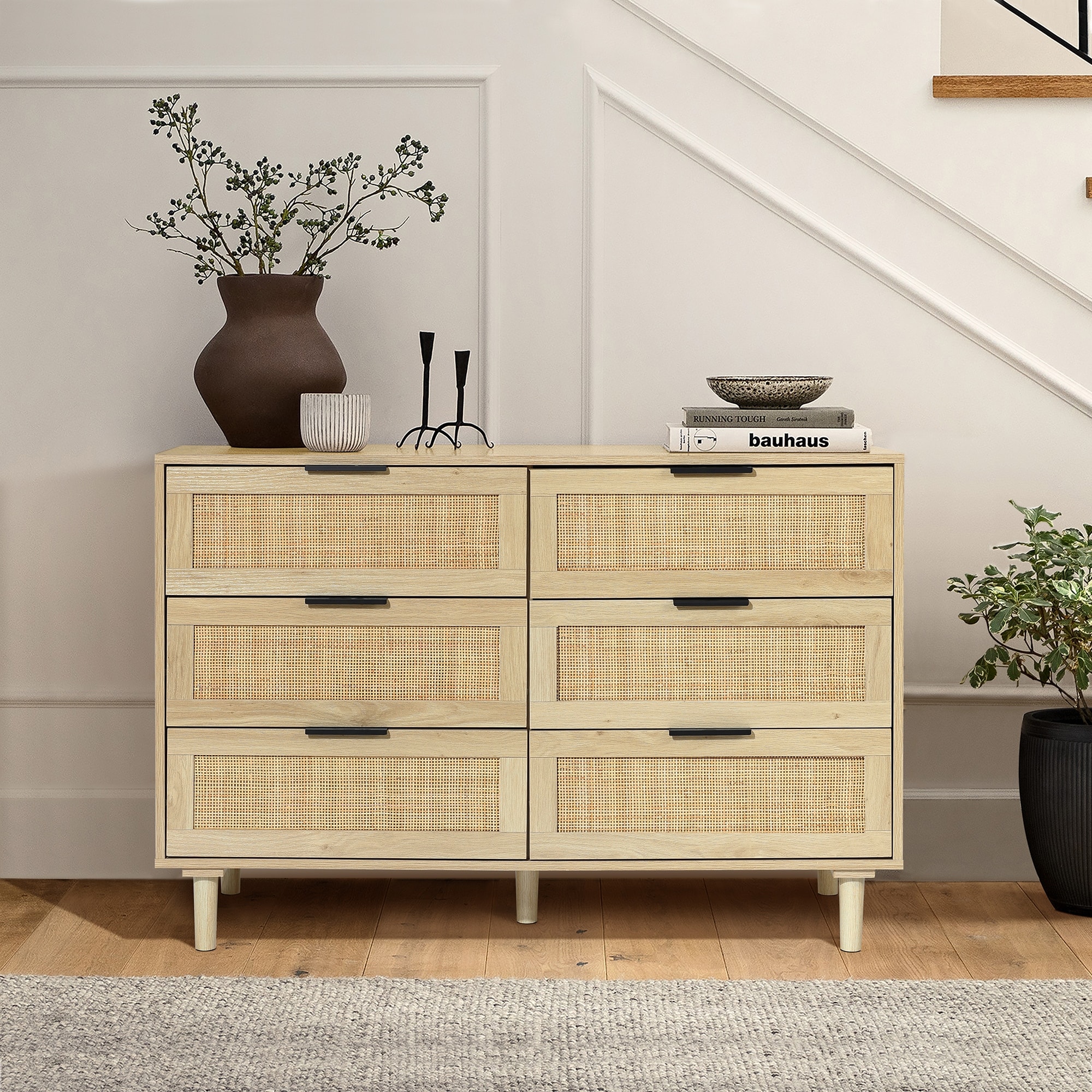 51"W Modern 6-Drawer Rattan Storage Cabinet Dresser - Bed Bath & Beyond ...