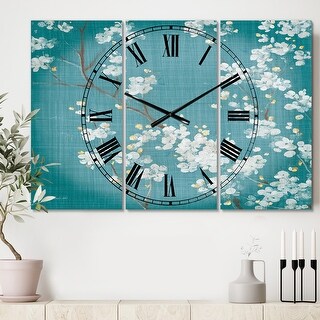 Designart 'Blue Cherry Blossoms I' Cottage 3 Panels Large Wall CLock ...