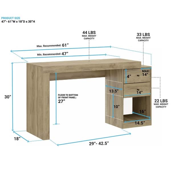 Modern Designs Expandable 47 to 61 Inches Long Home Office Desk - On ...