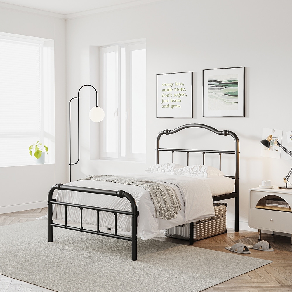 Heavy-duty Anti-Wobble 14 inch Bed Frame with Wavy Art Headboard,Easy ...