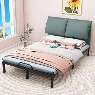 Moasis Full Blue Metal Bed Frame with Pu Leather Upholstered Headboard ...