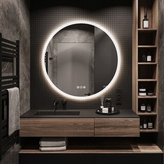 Round Bathroom LED Lighted Mirror with Defogger in Tempered Glass - Bed ...