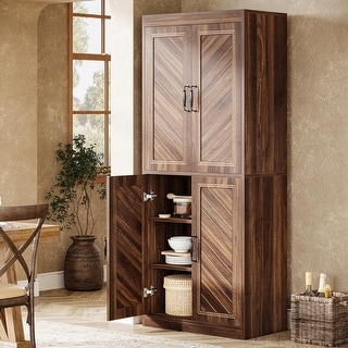 69 Inches Brown Wood Kitchen Pantry Cabinet, Farmhouse Pantry Storage ...