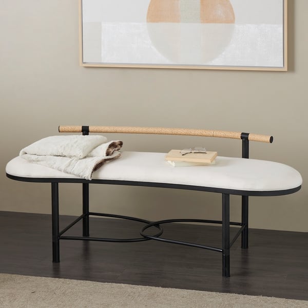 White Metal Upholstered Oval Abstract Bench with Black Metal Frame and ...